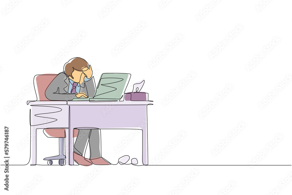 Single continuous line drawing male employee crying while wiping tears ...