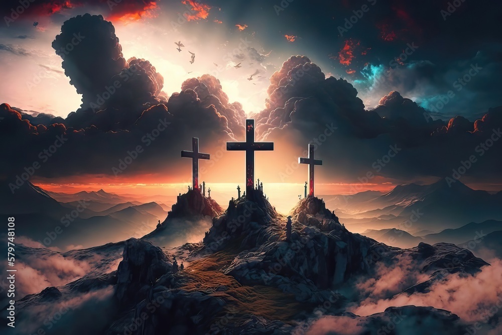 AI Generated Crosses on the mountain at sunset. Conceptual image Stock ...