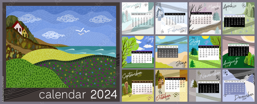 Calendar 2024. Colorful monthly calendar with various landscapes. Cover ...