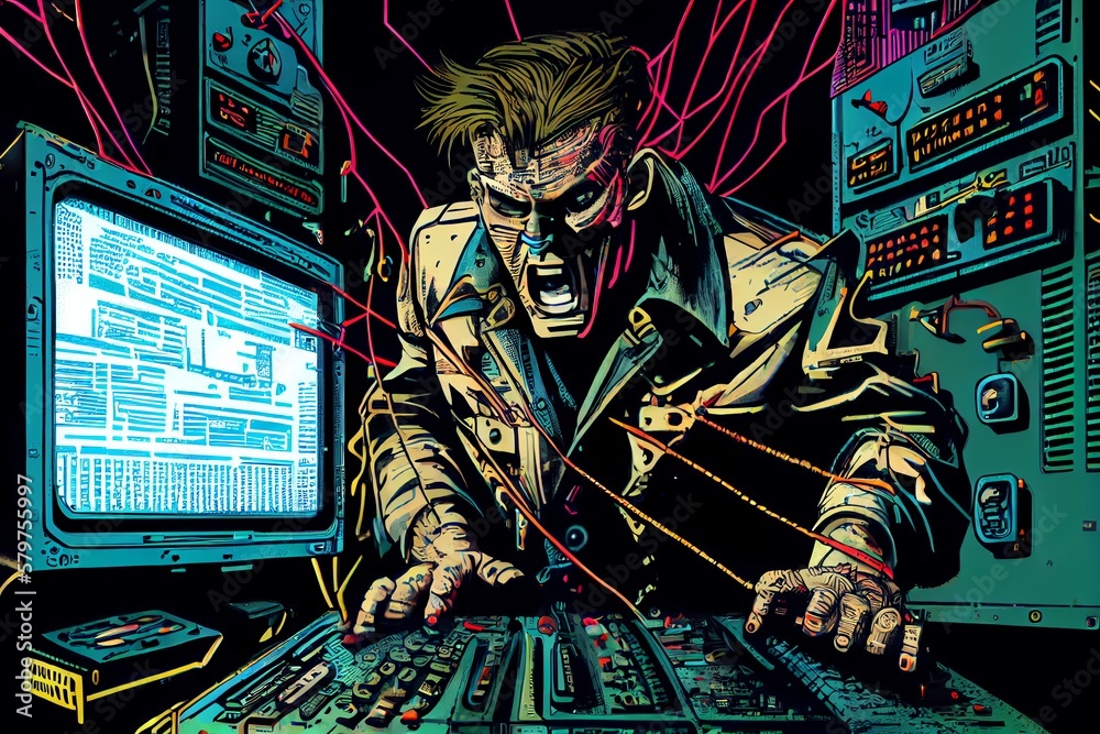 Cyberpunk Hacker Man Is An Illustration Of A Shocked Man From Science ...