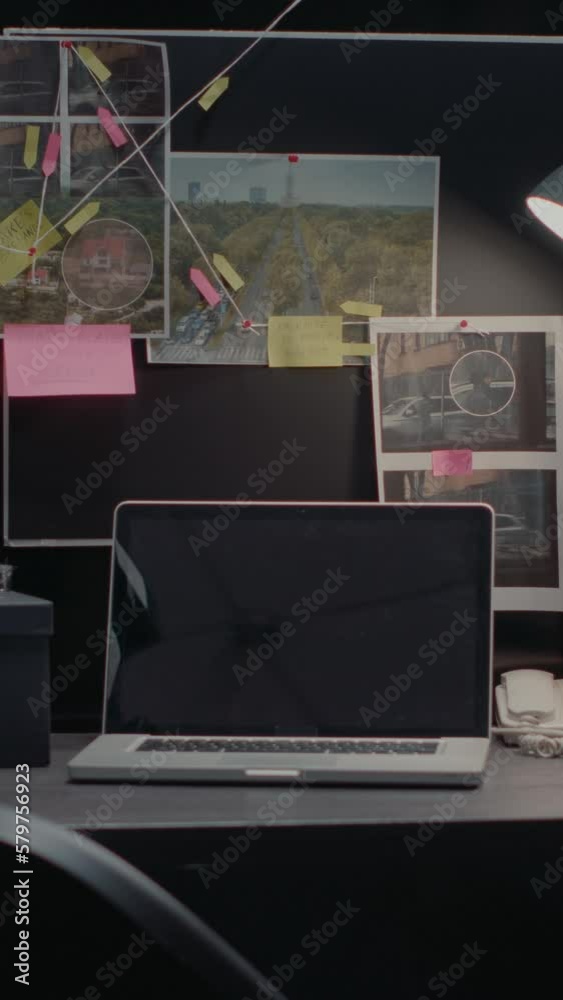 Vertical video: Criminal evidence board in investigation office, map ...
