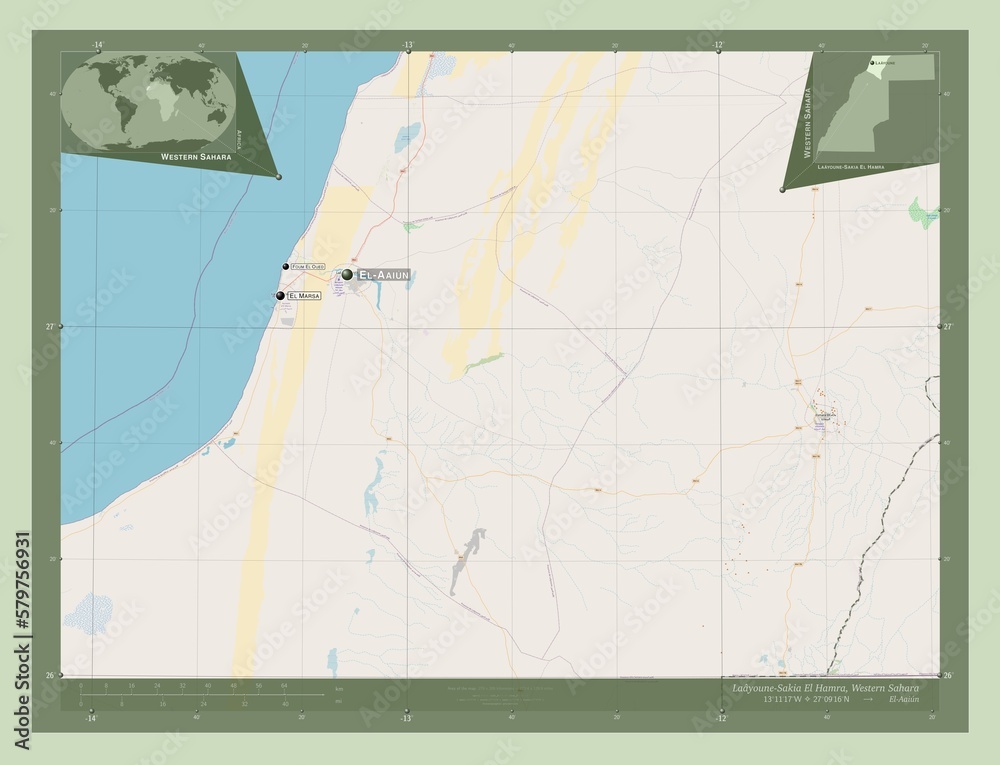Laayoune-Sakia El Hamra, Western Sahara. OSM. Labelled points of cities ...