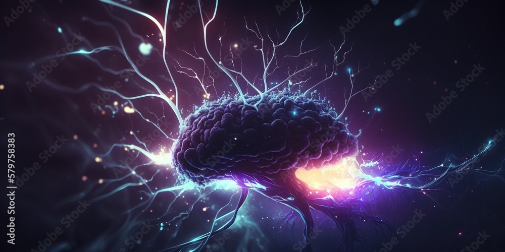 Neurons cells with glowing light. Brain structure universe, neurons in ...