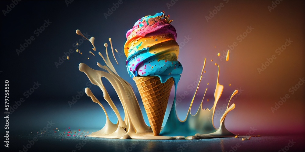 Melting ice cream cone. Bright multi-colored ice cream in a cone. Ice ...