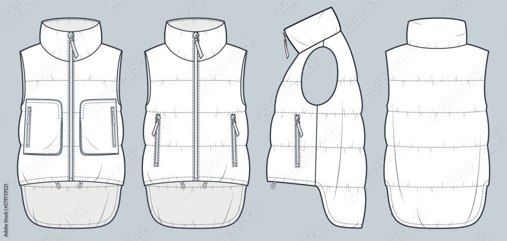 Down Waistcoat technical fashion Illustration. Puffer Jacket Vest ...