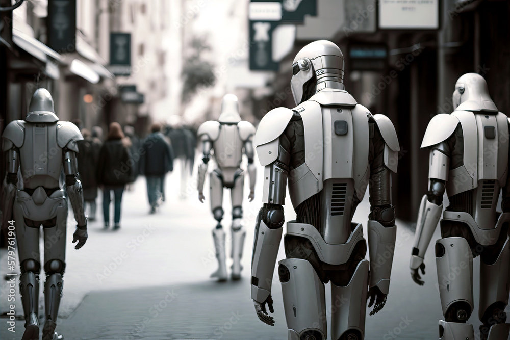 Generative AI illustration of male cyborgs standing together in row and ...