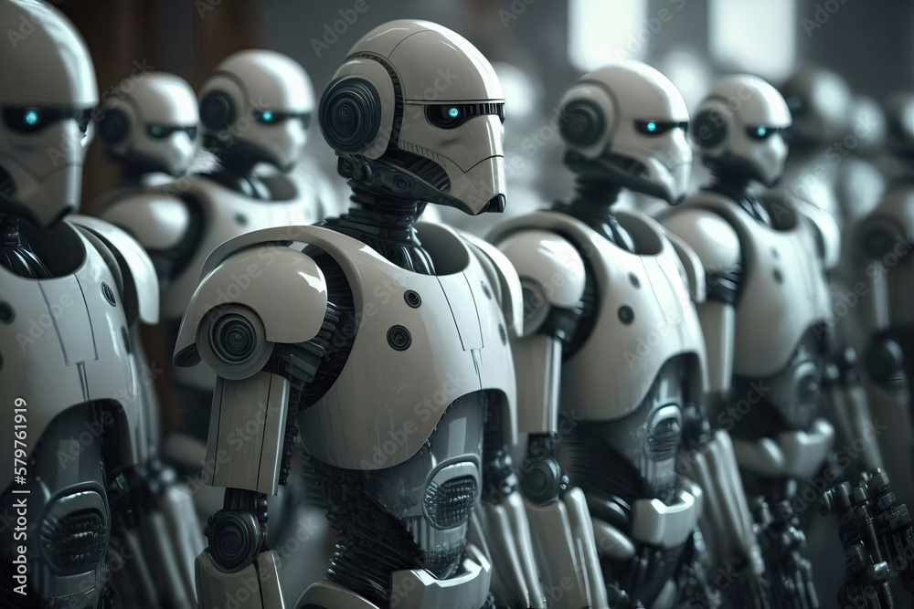 Generative AI illustration of male cyborgs standing together in row and ...