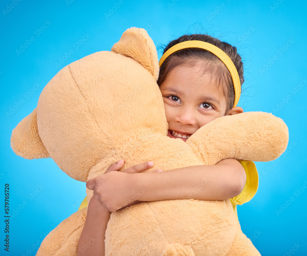 Mockup, portrait and girl with teddy bear, hug and happiness against a ...