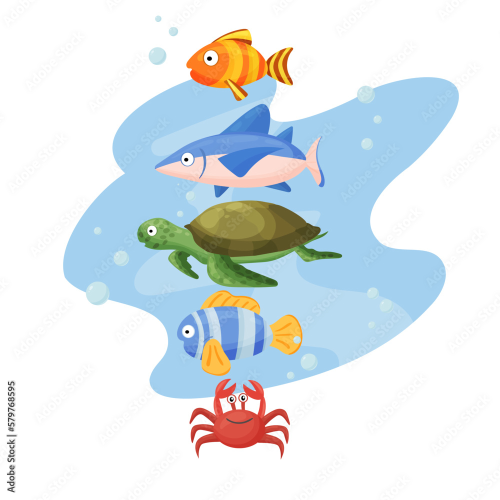 multicolored set of marine animals and fish under water. Vector sea ...