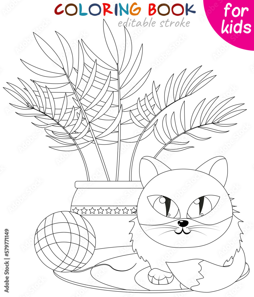 Cat with a ball of wool and a potted plant. Coloring book page template ...