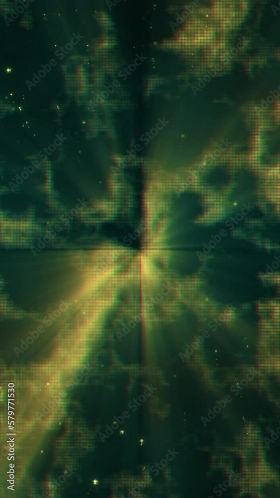 Vertical footage of green sci-fi background with rays and particles ...
