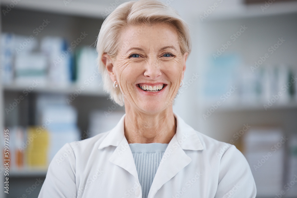 Pharmacy, pharmacist portrait and smile of woman in drugstore or ...
