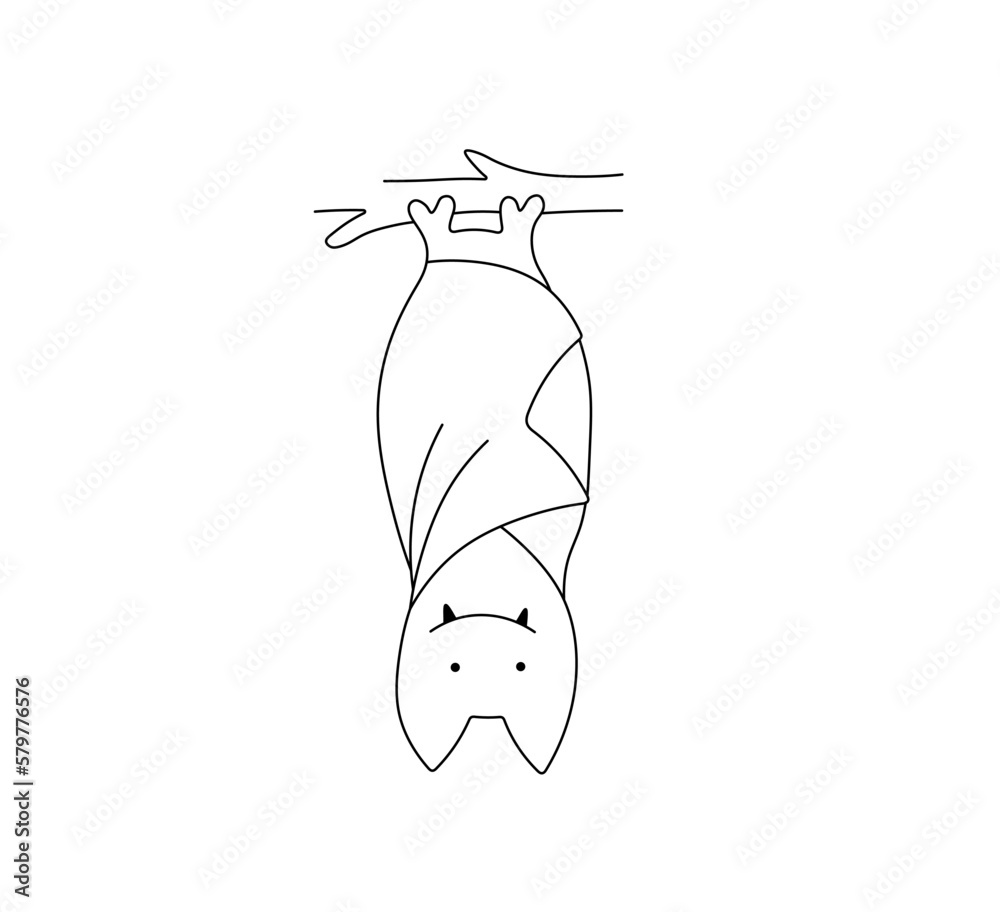 Vector isolated one single cute cartoon funny bat hanging upside down sleeping colorless black ...