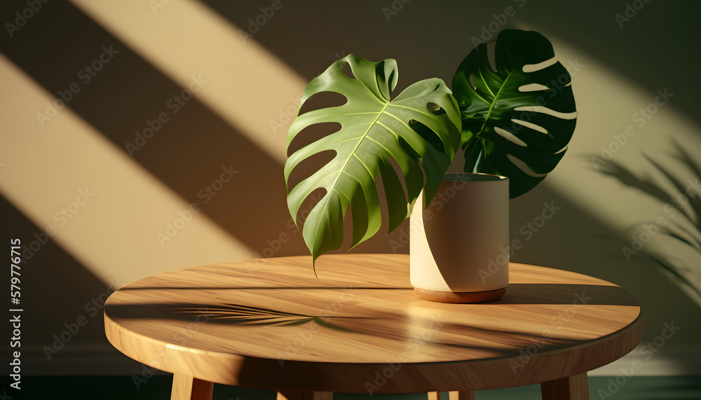 Wooden round side table with green tropical plant leaves with beautiful ...