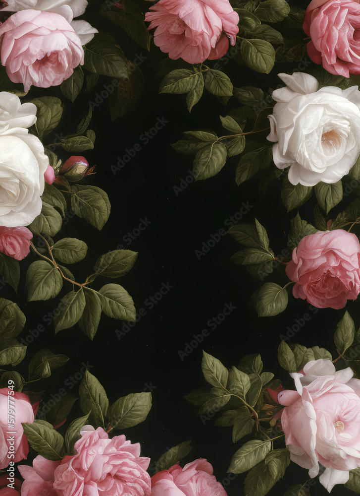 Vintage victorian painting of roses as a frame for invitations or ...