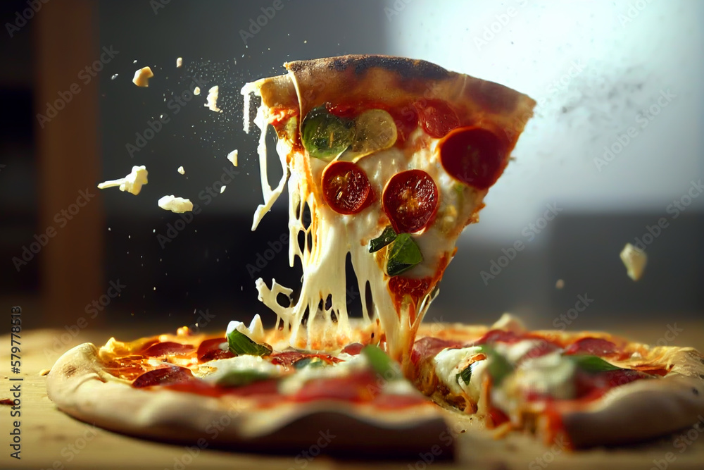 Italian pizza, Juicy cheese stretches from slice. Pizza and Splashes of ...