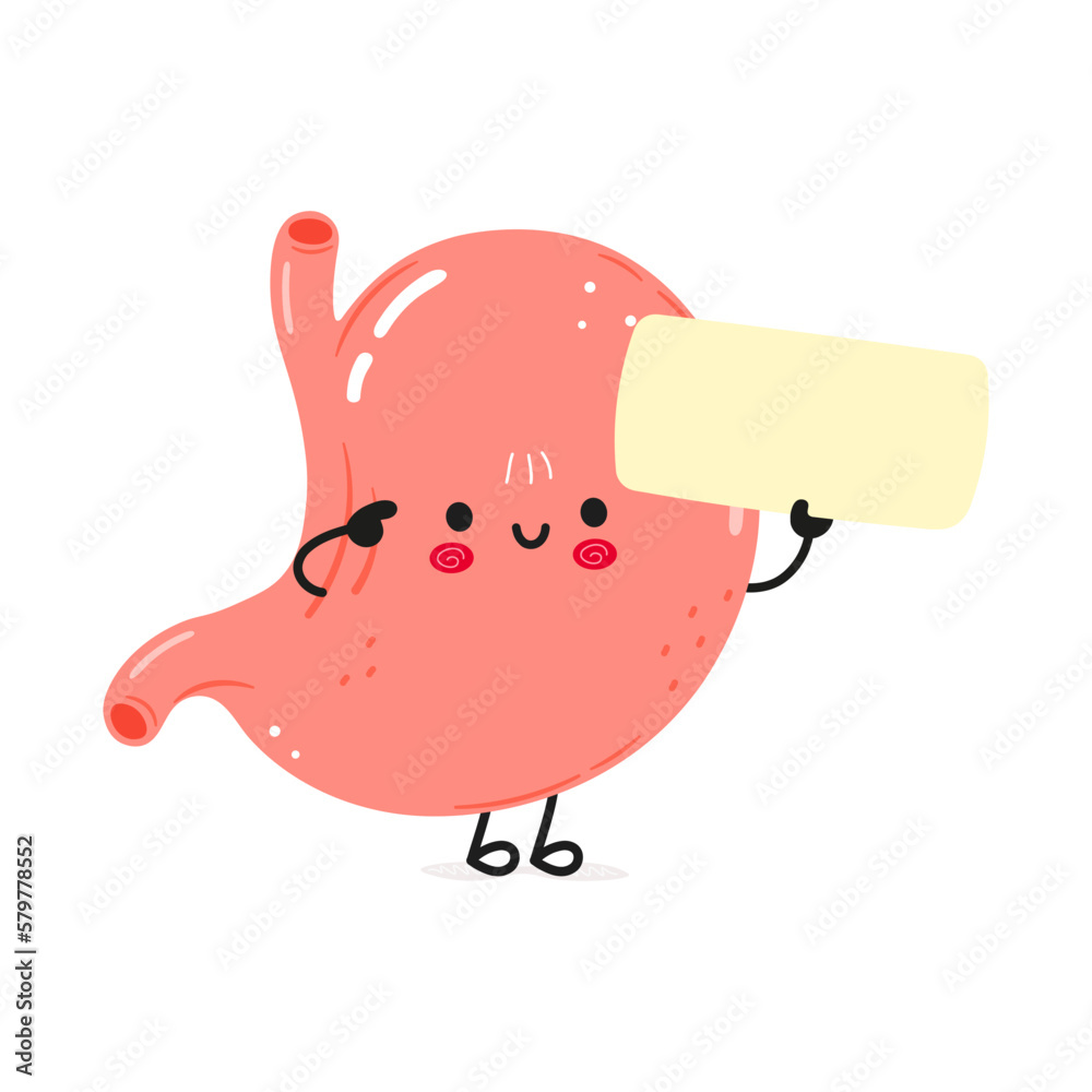 Cute funny stomach poster character. Vector hand drawn cartoon kawaii ...