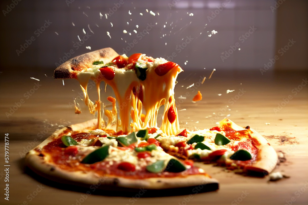 Italian pizza, Juicy cheese stretches from slice. Pizza and Splashes of ...