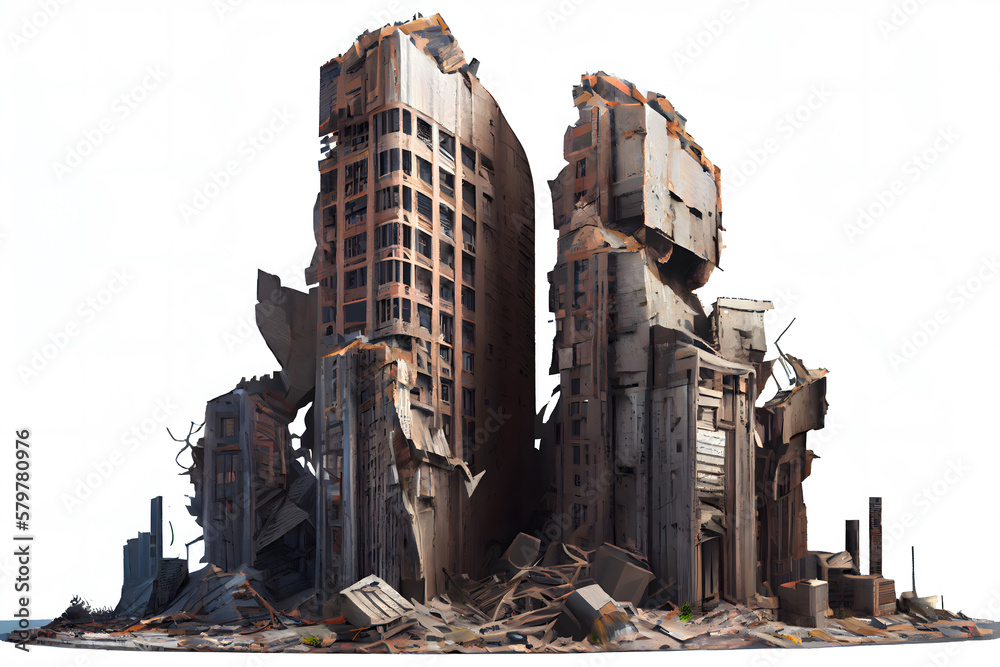 Ruined skyscrapers, overgrown abandoned buildings isolated on white ...