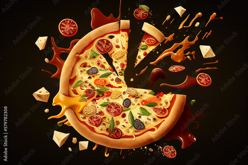 Italian pizza, Juicy cheese stretches from slice. Pizza and Splashes of ...