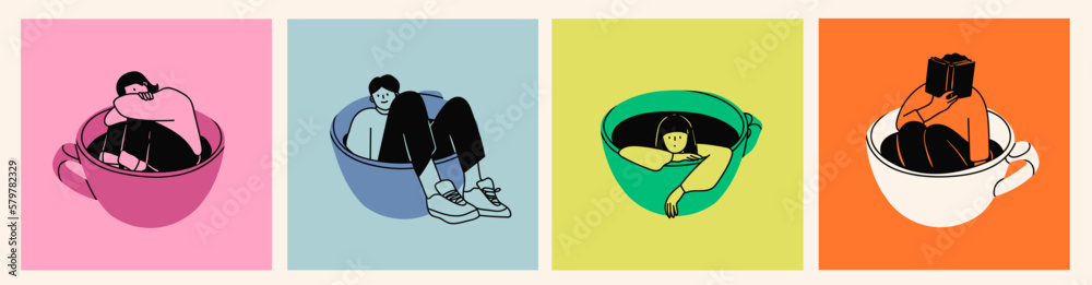 Set of various young People sitting in the big giant Cups in different ...