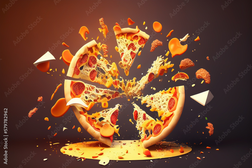 Italian pizza, Juicy cheese stretches from slice. Pizza and Splashes of ...