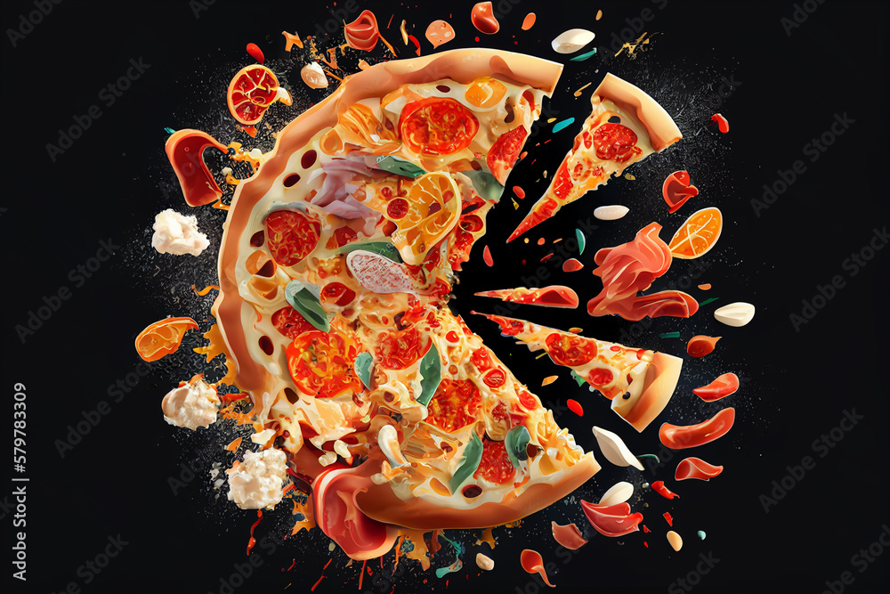 Italian pizza, Juicy cheese stretches from slice. Pizza and Splashes of ...