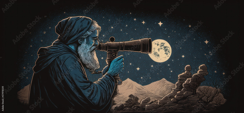 Aristotle observing the stars and planets with a telescope ...