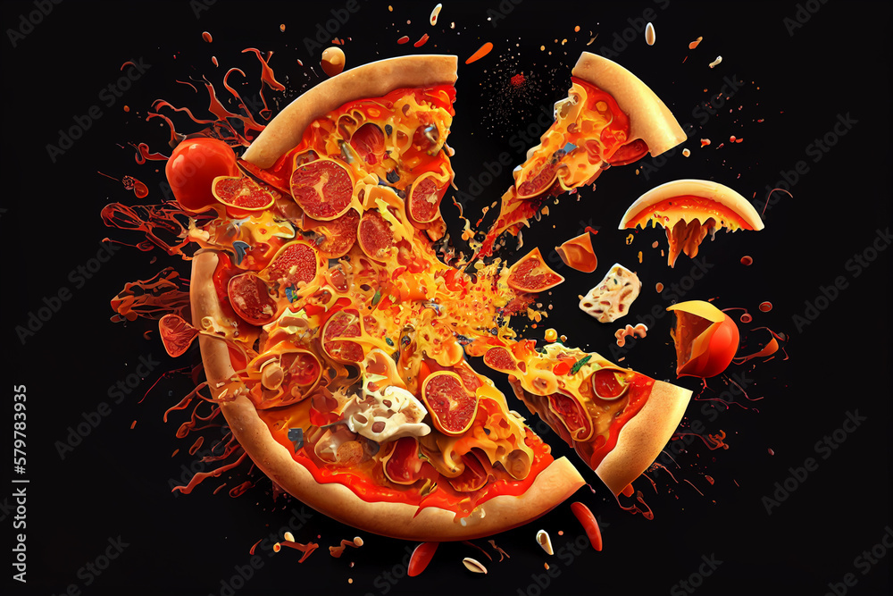 Italian pizza, Juicy cheese stretches from slice. Pizza and Splashes of ...