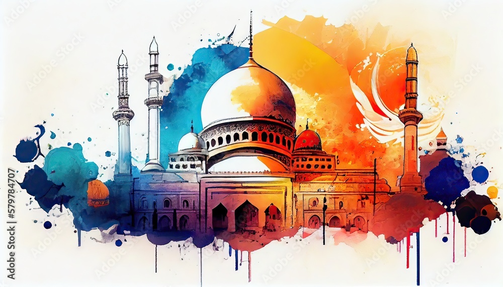 water color painting Arabic Islamic Typography design Mawlid al-Nabawai ...