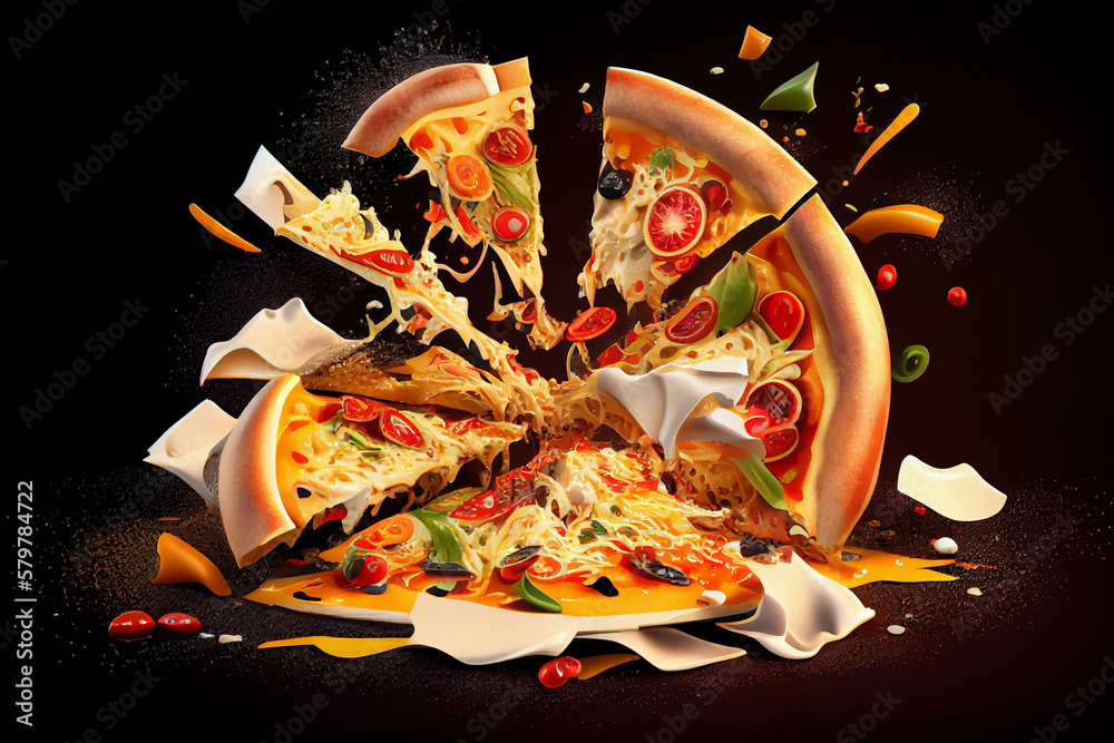 Italian pizza, Juicy cheese stretches from slice. Pizza and Splashes of ...