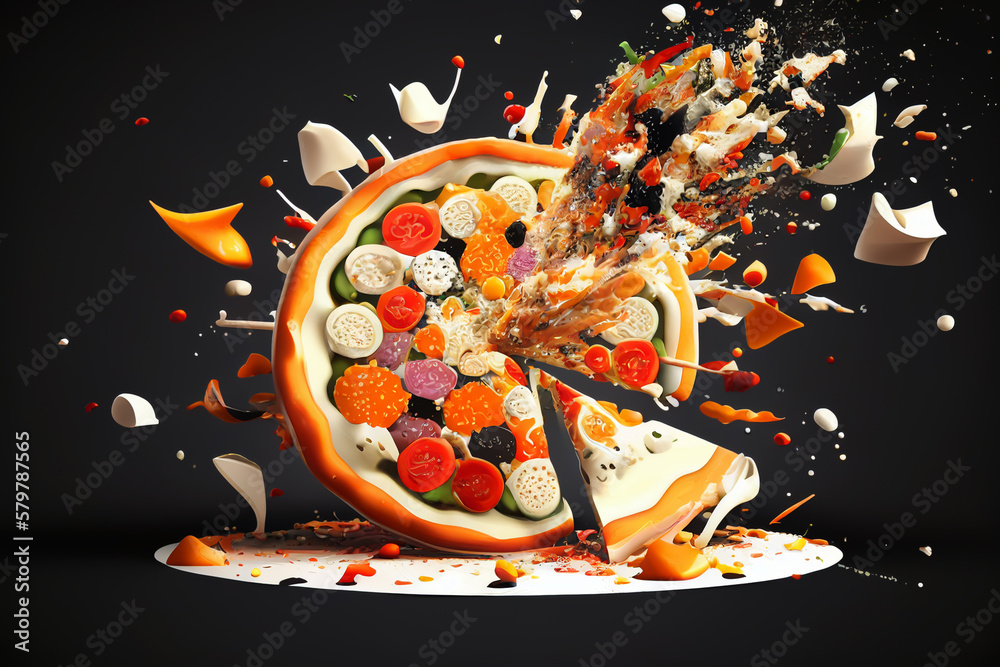 Italian pizza, Juicy cheese stretches from slice. Pizza and Splashes of ...