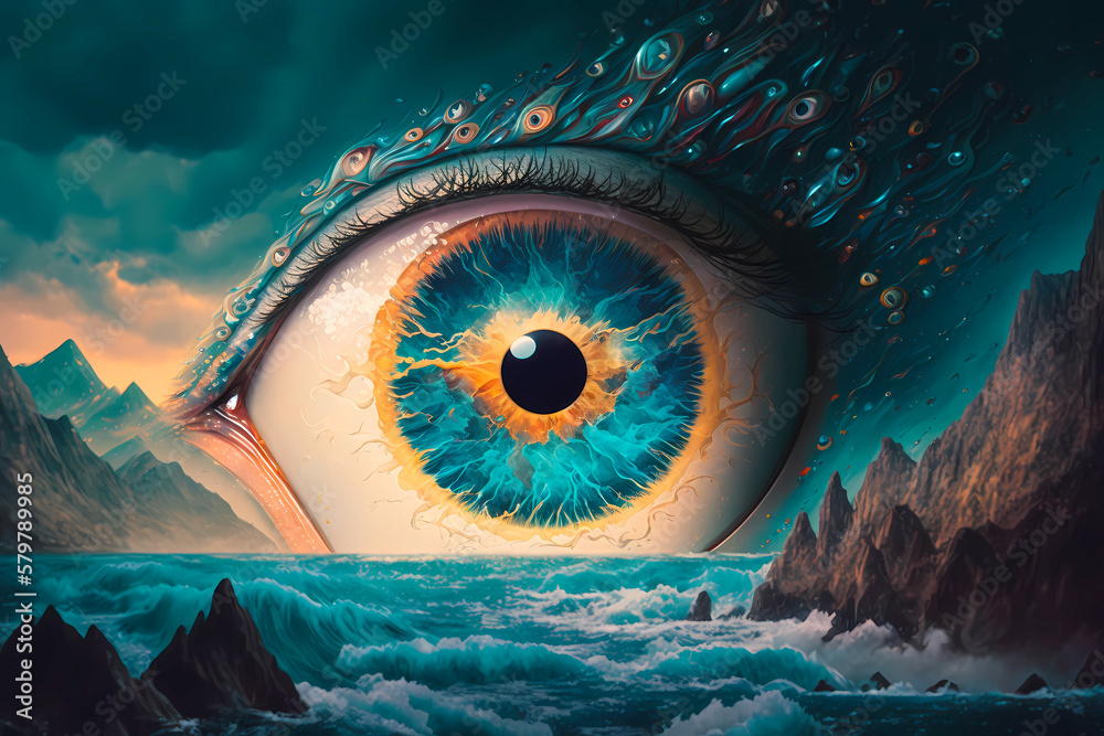 digital illustration of the psychedelic eye of the ocean over the sea ...