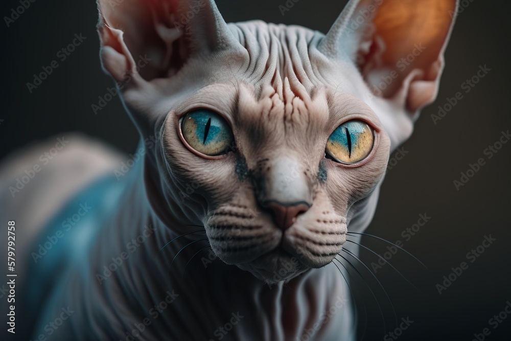 ?Close up of a Sphynx cat with a squinted eye and macro photography of ...