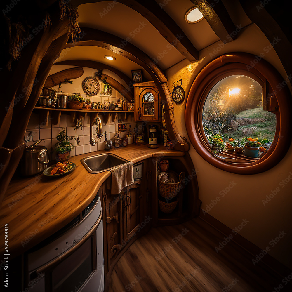 Cottage style hobbit home inspired interior design. Created using ai ...