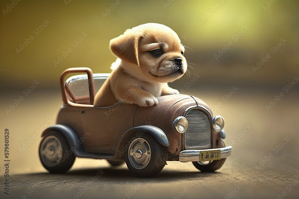 A puppy dog driving a vintage pedal car. Generative ai and digital ...