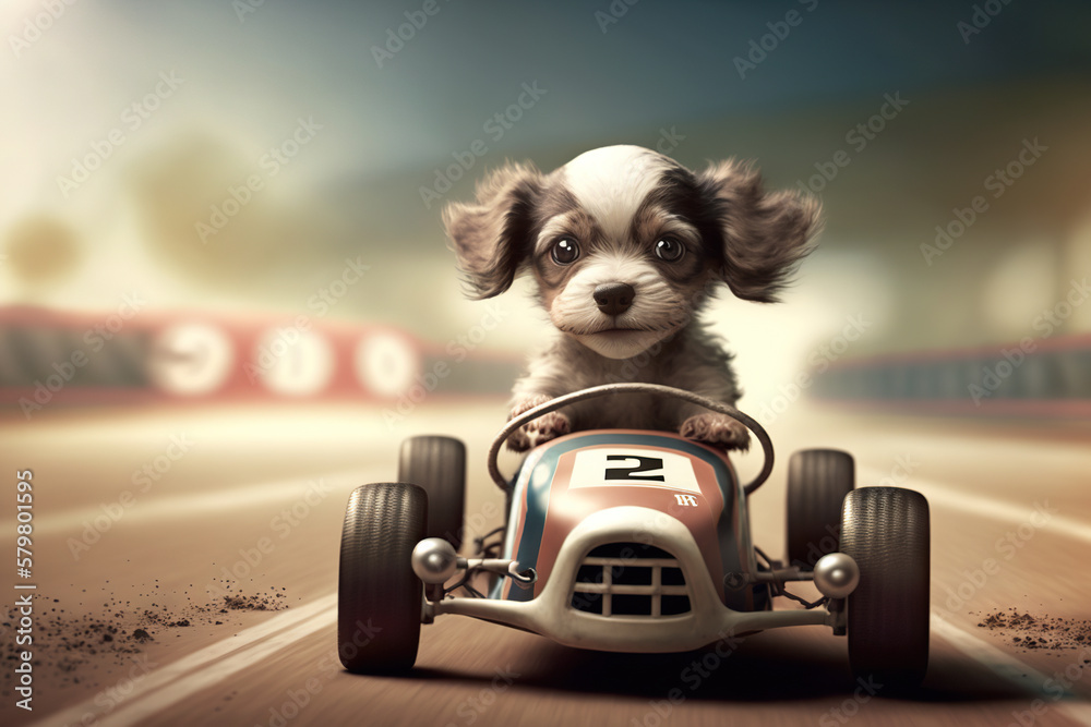 A puppy dog driving a vintage pedal car. Generative ai and digital ...