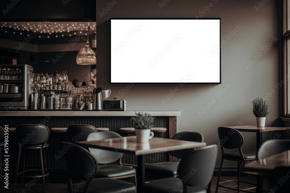 A large blank TV screen mounted on a wall in a coffee shop., cafe ...
