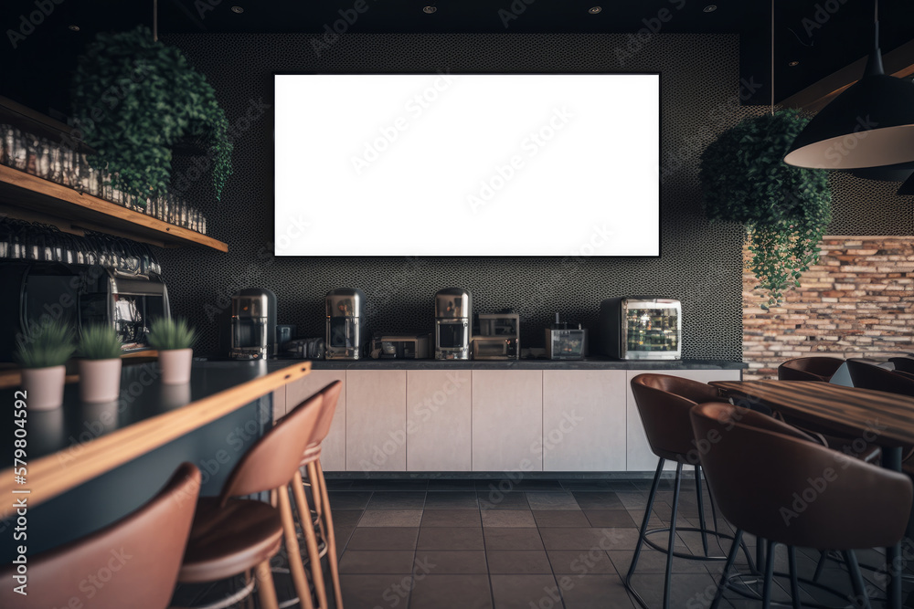 A large blank TV screen mounted on a wall in a coffee shop., cafe ...