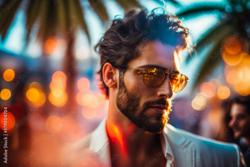 Attractive young man in sunglasses clubbing at the hot summer vacation ...