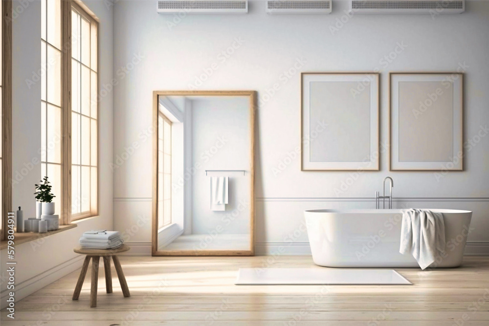 bath room, large blank frame, light wood frame, white minimal style ...
