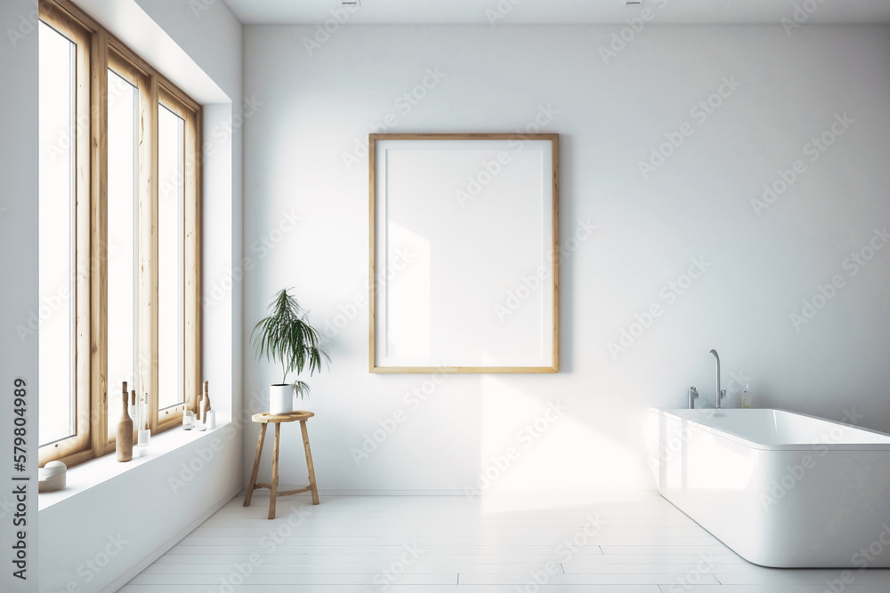 bath room, large blank frame, light wood frame, white minimal style ...