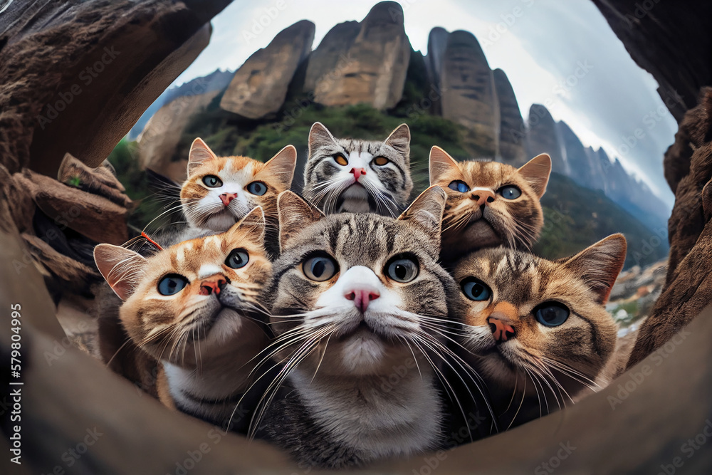 Highly defined macrophotography selfie of a group of cats huddled ...