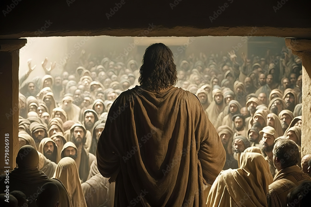 Christ speaking to a crowd and then feeding them, easter, generative ai ...