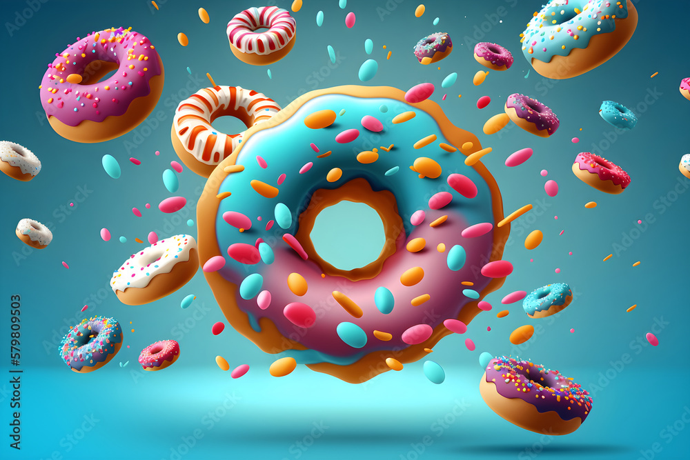AI generative. Flying donuts scene realistic illustration, blue ...