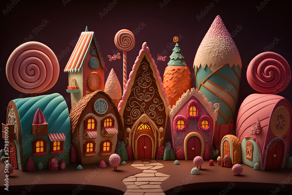 AI generative. Cookie House Little Town, cartoon illustration, candy ...