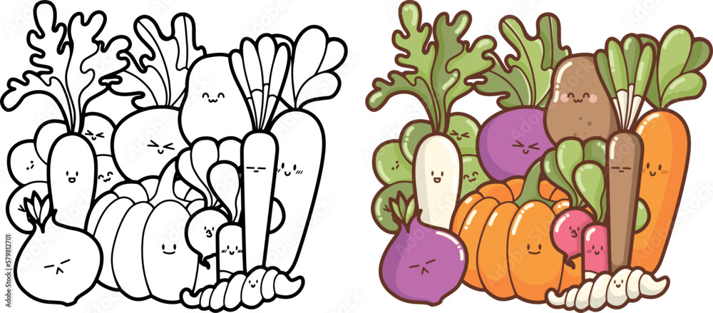 "Set of happy and funny vegetables" outlines, contours - nice design ...