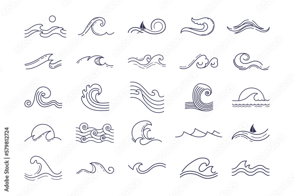 Simple sketch wave, sea icons. Doodle ocean curls, sketch sailing ...