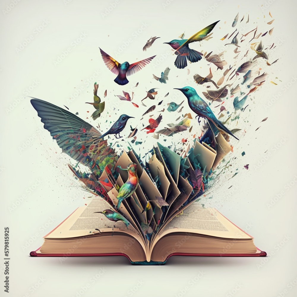 words like birds coming out of a book, vibrant colors, hummingbird ...