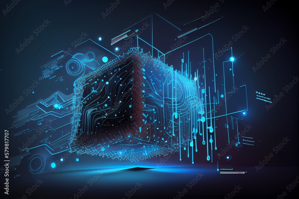 AI GENERATIVE, Giant blue printed circuit board chip on black ...